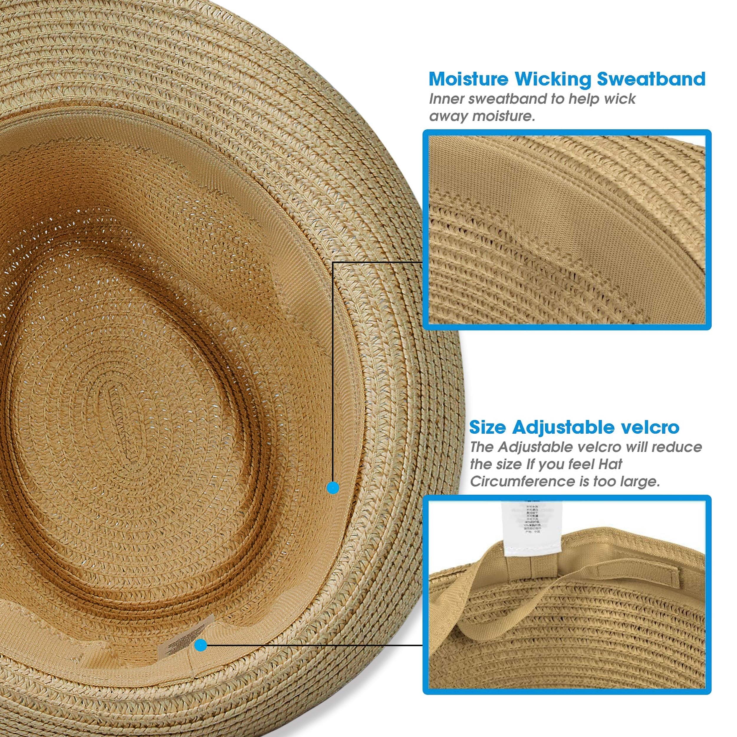 Straw Fedora Hat Short Brim Packable Roll Up Trilby Hat Classic Adjustable Panama Summer Beach Sun Hat UPF 50+ (L/XL, Brown)