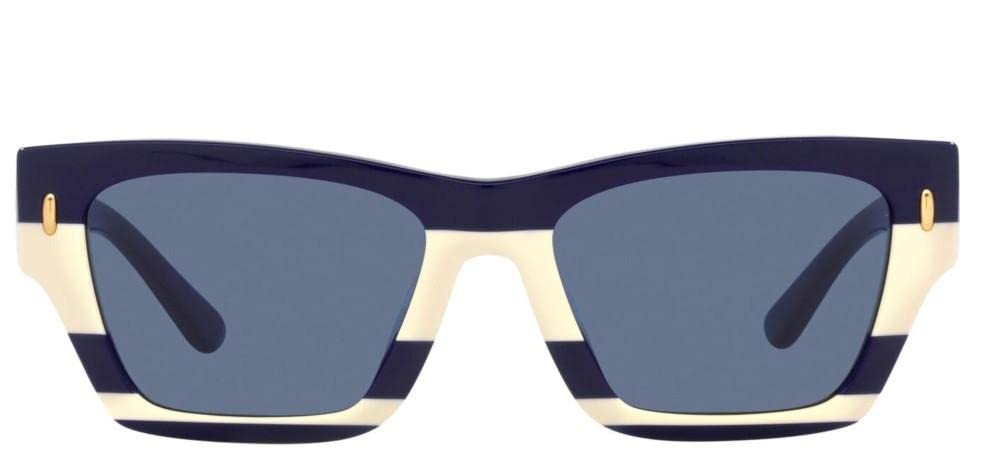 Tory Burch Women's TY7169U Universal Fit Rectangular Sunglasses, Navy Ivory Vintage Strip, 52mm