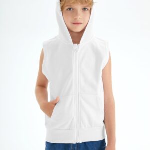 Spring&Gege Boys’ Full Zip Sleeveless Hooded Vest Basic Solid Zipper Tank Tops Hoodie with Pockets, White, Size 7-8 Years