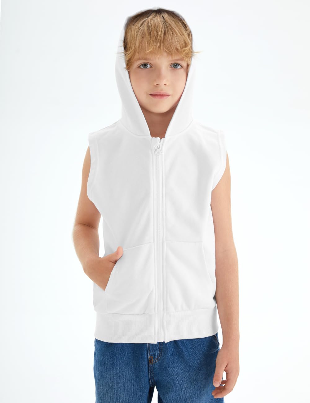 Spring&Gege Boys’ Full Zip Sleeveless Hooded Vest Basic Solid Zipper Tank Tops Hoodie with Pockets, White, Size 7-8 Years