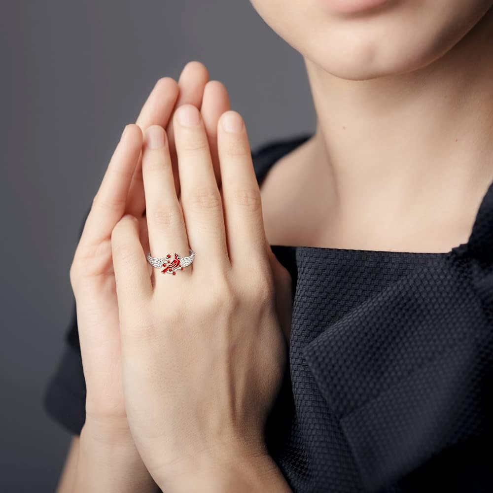 LOVGIFSET Cardinal Ring Angel Wing Ring Cardinal Appear When Angels are Near Feather Red Bird Rings for Women Sterling Silver Memorial Jewelry