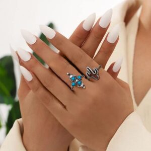 ELABEST Size7-9 Western Ring Set Silver Turquoise Cactus Arrow Flower Carved Retro Stackable Joint Knuckle Finger Rings Sets for Women(9 Pcs)