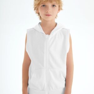 Spring&Gege Boys’ Full Zip Sleeveless Hooded Vest Basic Solid Zipper Tank Tops Hoodie with Pockets, White, Size 7-8 Years