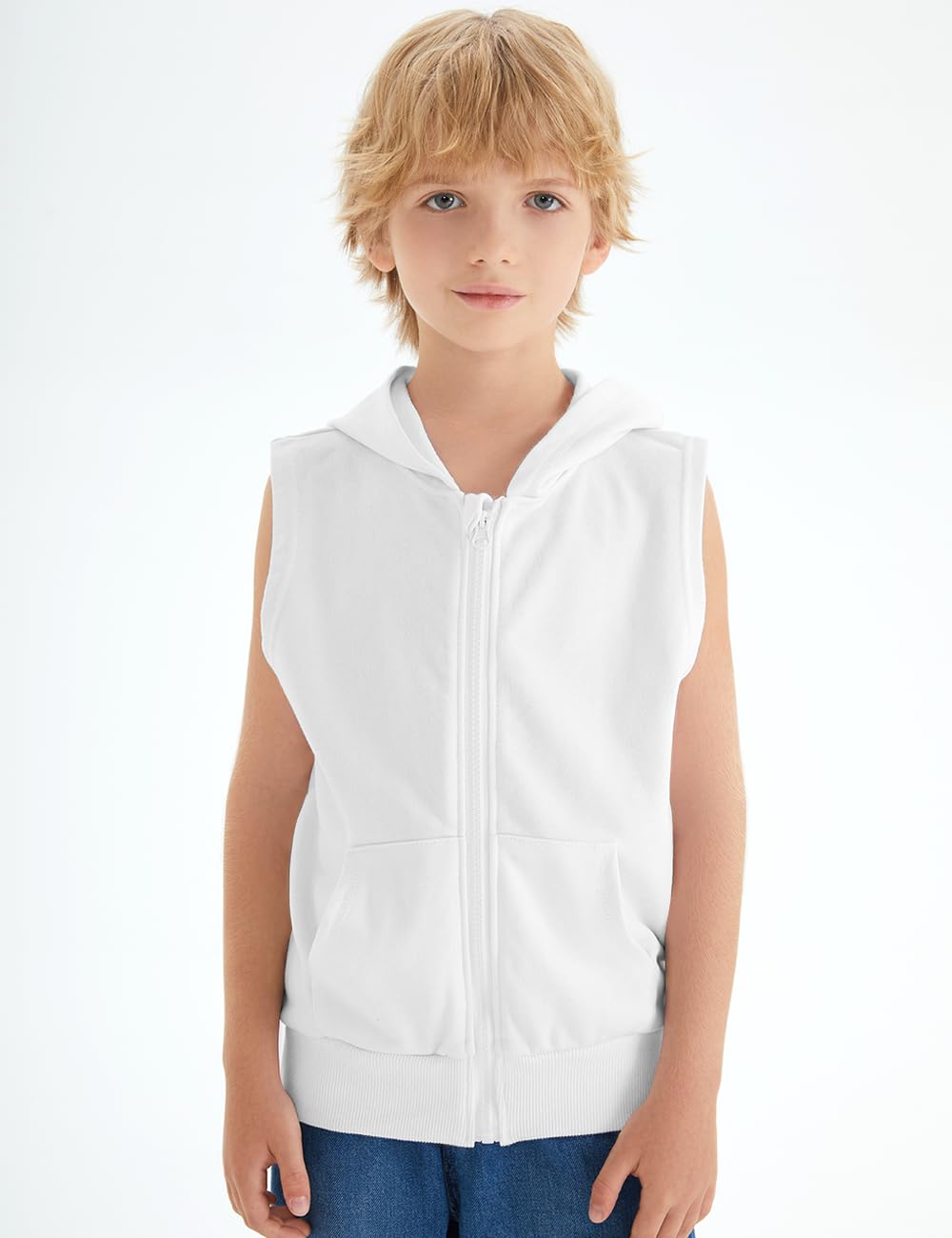 Spring&Gege Boys’ Full Zip Sleeveless Hooded Vest Basic Solid Zipper Tank Tops Hoodie with Pockets, White, Size 7-8 Years