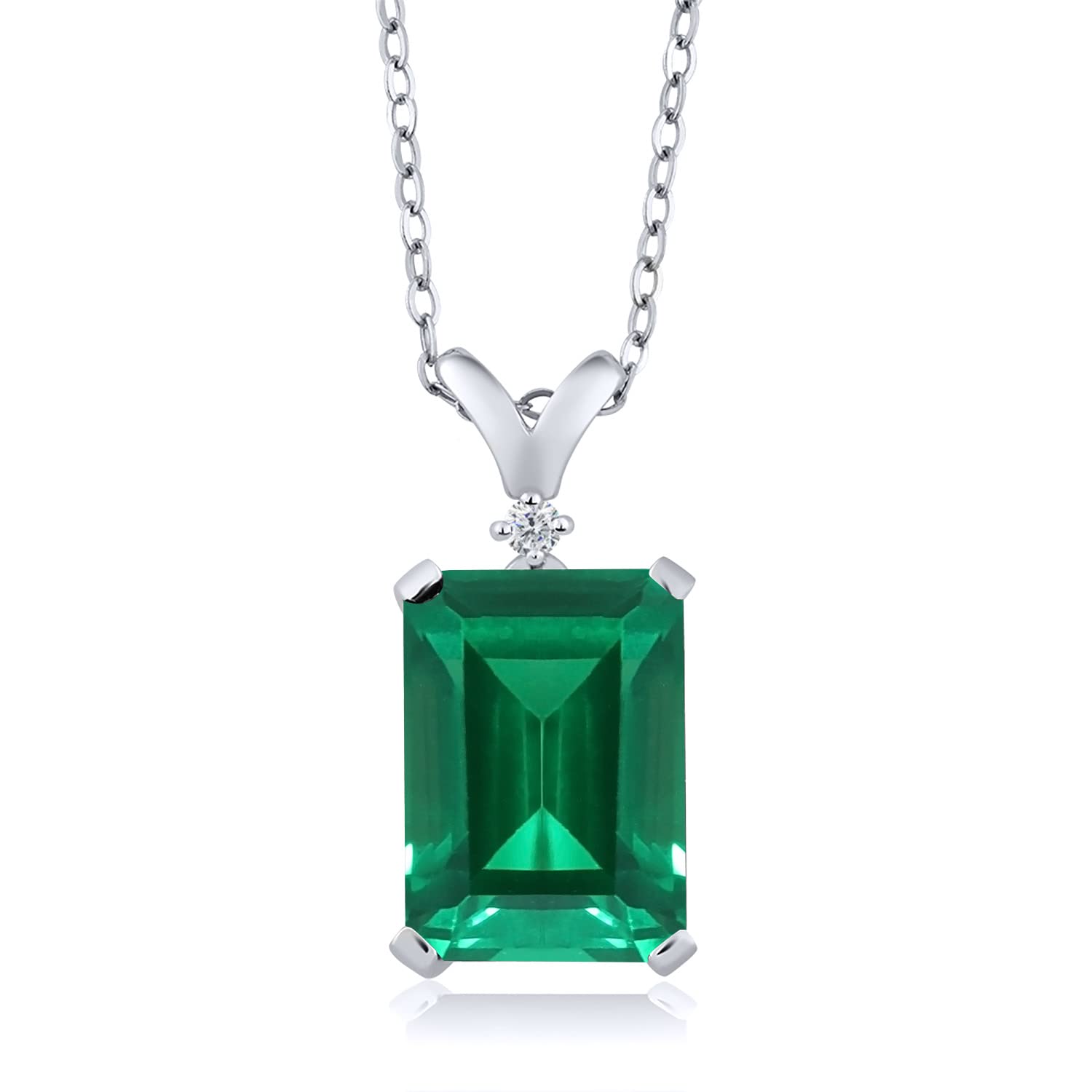 Gem Stone King 925 Sterling Silver Green Nano Emerald and White Diamond Pendant Necklace For Women | 6.52 Cttw | Emerald Cut 14X10MM | With 18 Inch Chain