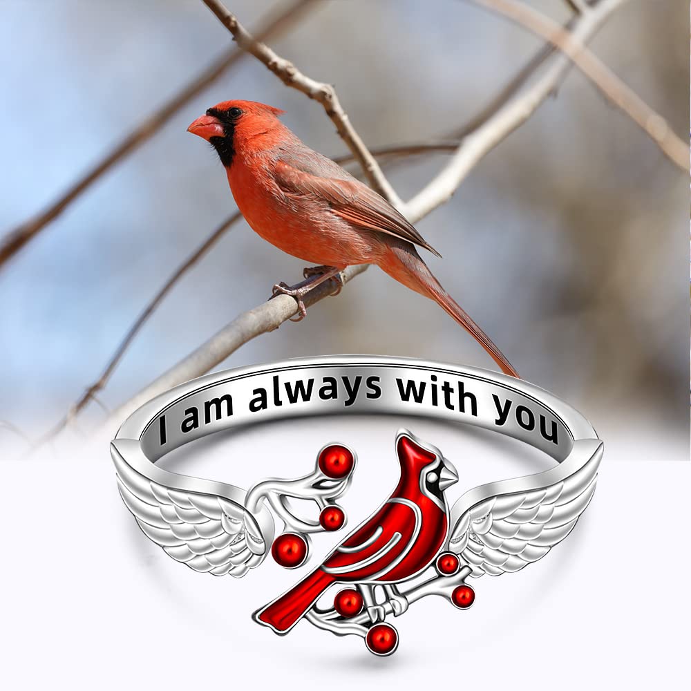 LOVGIFSET Cardinal Ring Angel Wing Ring Cardinal Appear When Angels are Near Feather Red Bird Rings for Women Sterling Silver Memorial Jewelry