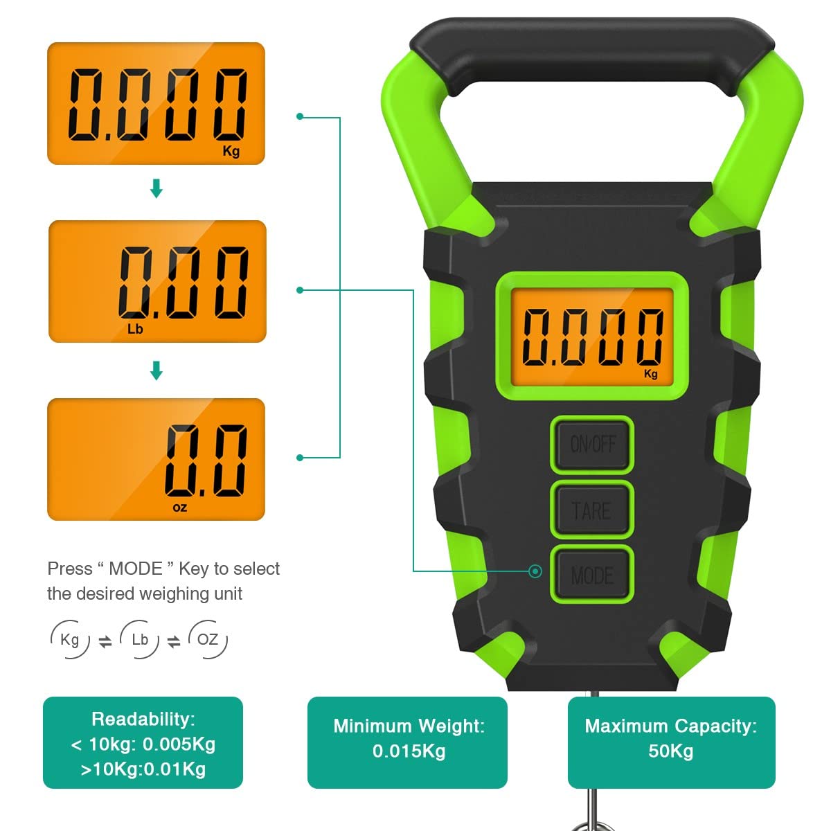 ORIA Digital Fishing Scale with Ruler, Fishing Postal Hanging Hook Scale, 110lb/50kg Waterproof Luggage Scale with Measuring Tape, Luggage Hook, Backlit LCD Display, Green