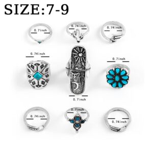 ELABEST Size7-9 Western Ring Set Silver Turquoise Cactus Arrow Flower Carved Retro Stackable Joint Knuckle Finger Rings Sets for Women(9 Pcs)