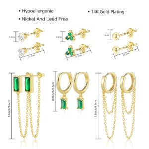 6 Pairs Earring Sets for Multiple Piercing | 14K Gold Plated Sterling Silver Studs Earrings and Hoop Earrings Set Small Huggie Hoop Chain Earrings Set for Women