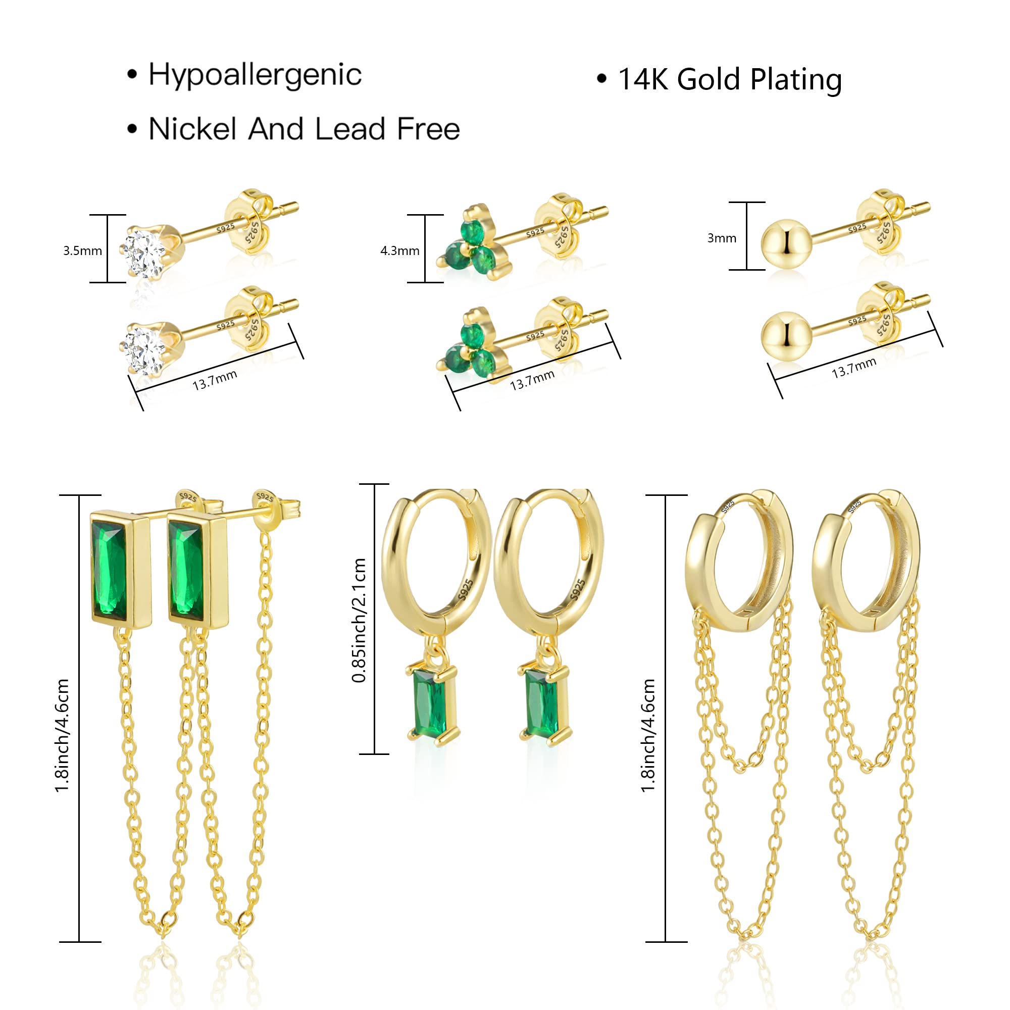 6 Pairs Earring Sets for Multiple Piercing | 14K Gold Plated Sterling Silver Studs Earrings and Hoop Earrings Set Small Huggie Hoop Chain Earrings Set for Women