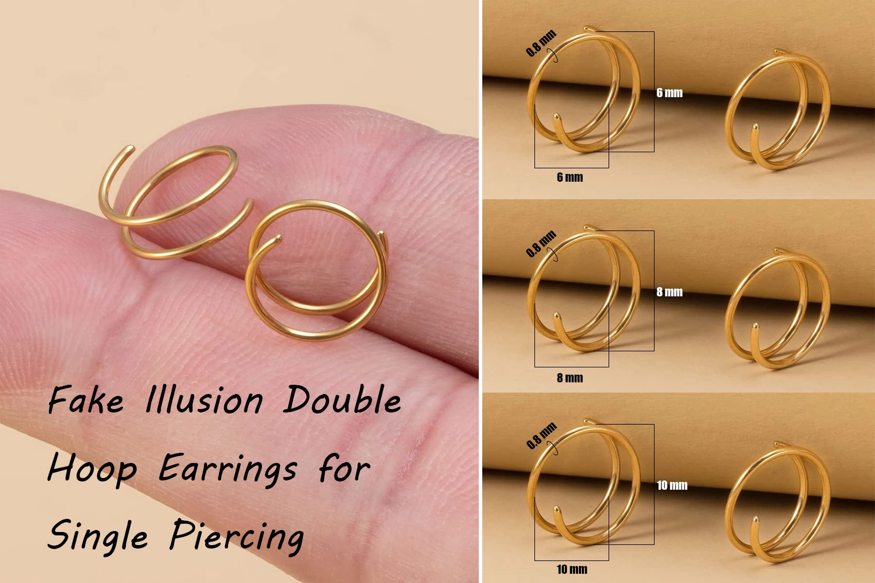 Double Hoop Earrings for Single Piercing, 3 Pairs 316L Surgical Steel Spiral Twist Illusion Lobe Cartilage Helix Hoop Earring Double Hoop Earrings for One Hole