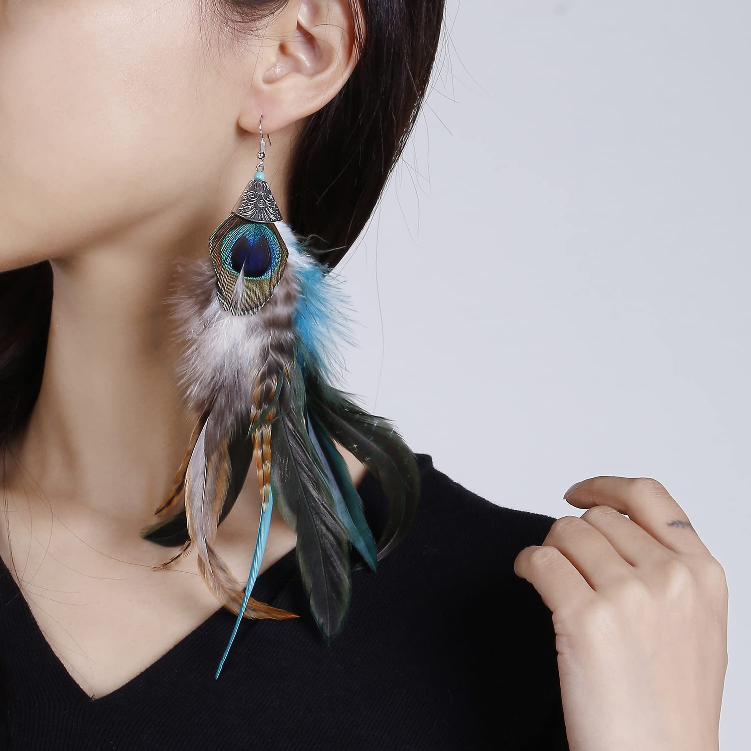 YINRIS Bohemian Pheasant Peacock Long Feather Dangle Earrings for Women, Peacock Blue, Copper