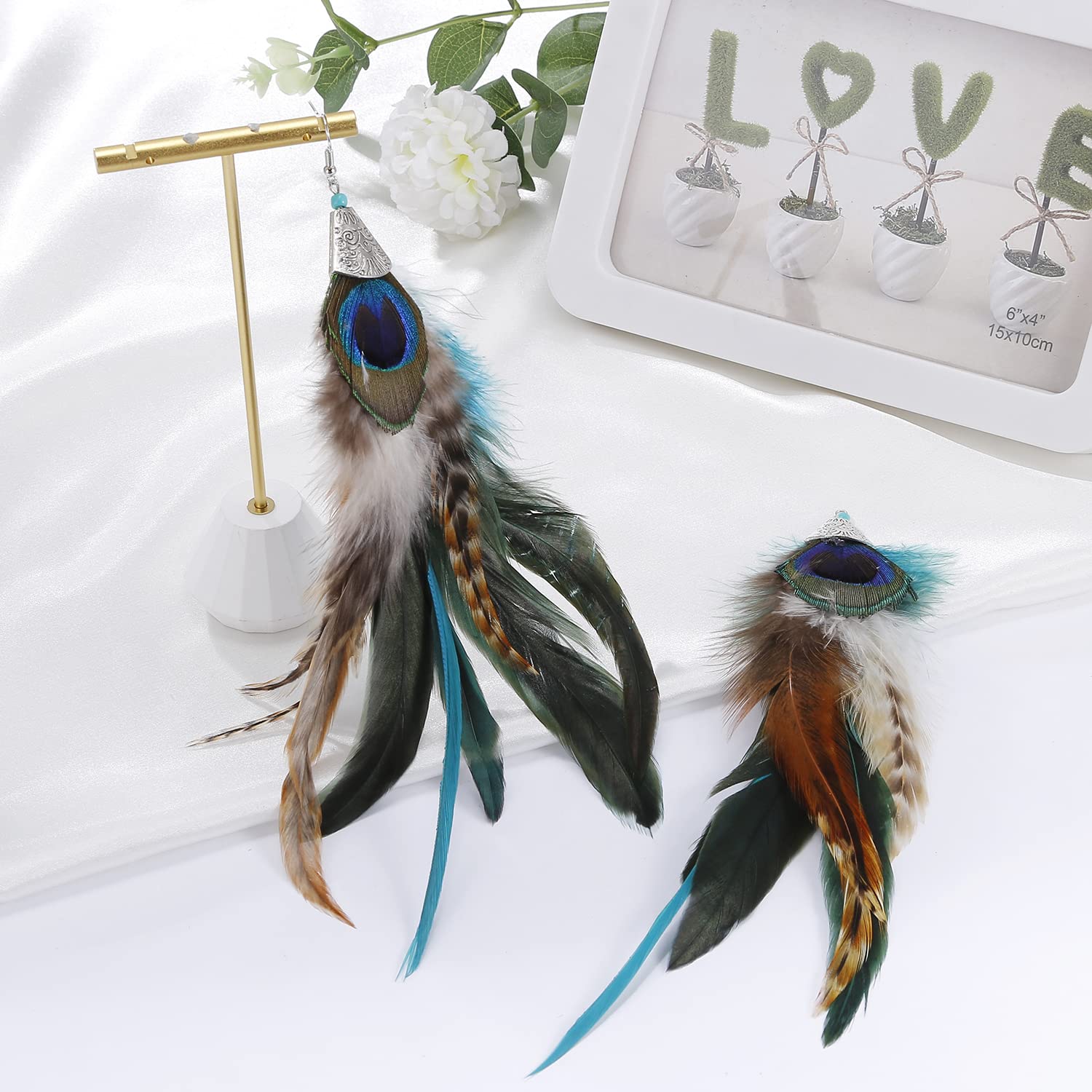 YINRIS Bohemian Pheasant Peacock Long Feather Dangle Earrings for Women, Peacock Blue, Copper