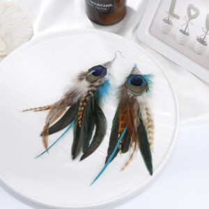 YINRIS Bohemian Pheasant Peacock Long Feather Dangle Earrings for Women, Peacock Blue, Copper