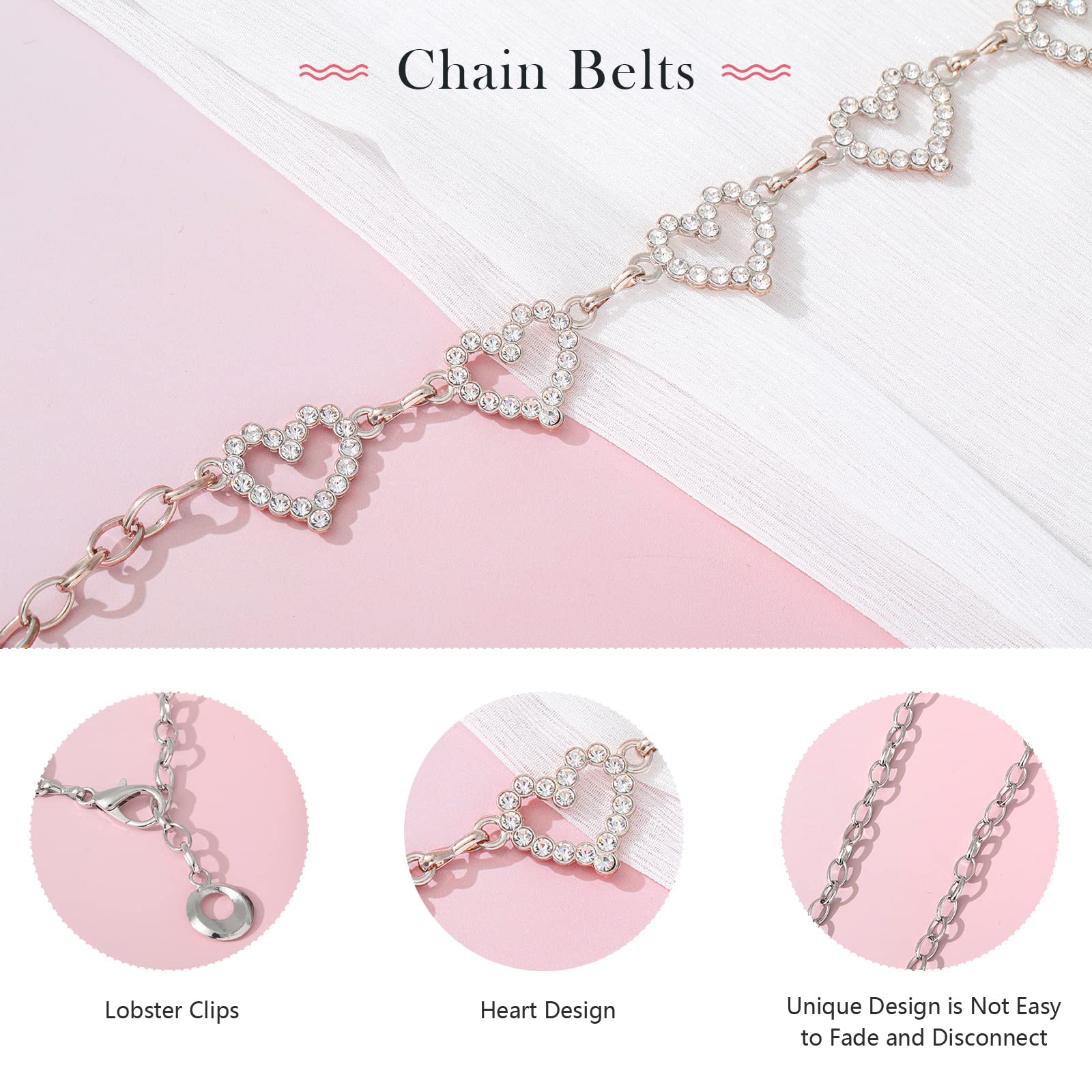 AWAYTR Waist Chains Belts for Women - Rhinestone Gold Silver Chain Belts for Dresses(Silver-Heart)