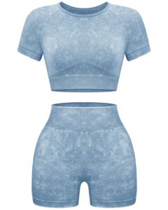 olchee womens workout sets 2 piece - seamless acid wash yoga outfits leggings shorts and crop top matching gym activewear athletic clothing set - blue small