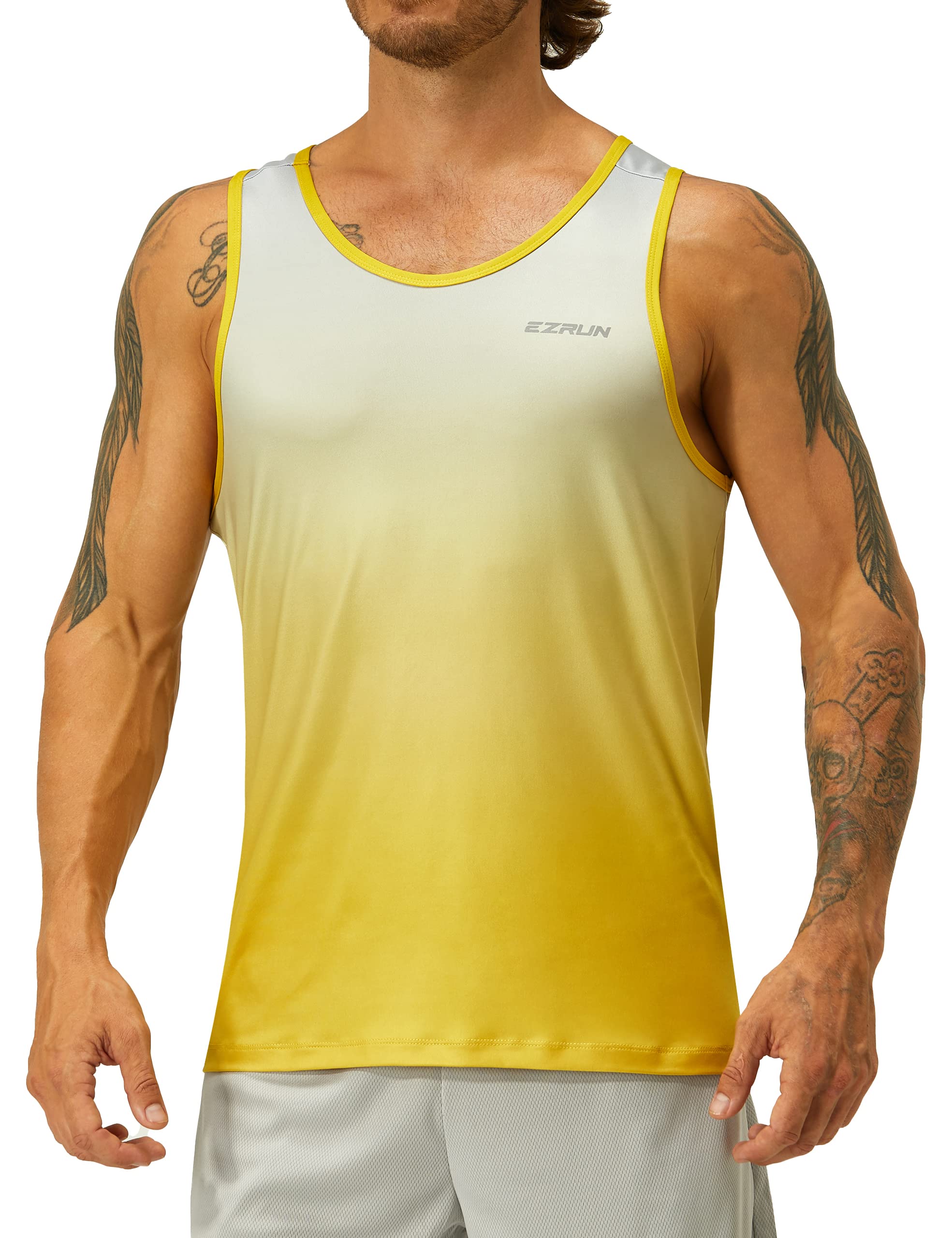 EZRUN Men's Quick Dry Workout Tank Top Swim Beach Shirts for Gym Athletic Running Muscle Sleeveless Shirts(YellowGradient,l)