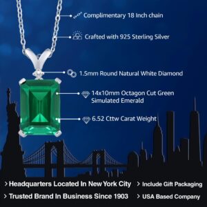 Gem Stone King 925 Sterling Silver Green Nano Emerald and White Diamond Pendant Necklace For Women | 6.52 Cttw | Emerald Cut 14X10MM | With 18 Inch Chain