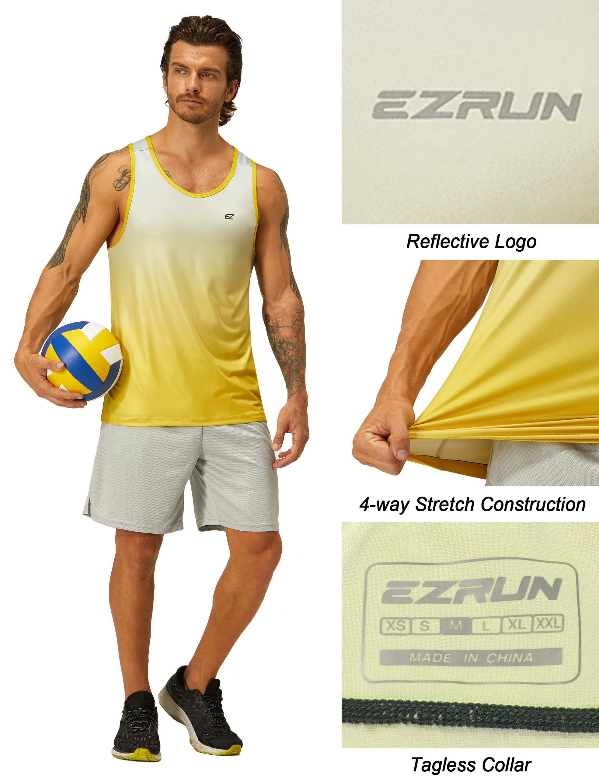 EZRUN Men's Quick Dry Workout Tank Top Swim Beach Shirts for Gym Athletic Running Muscle Sleeveless Shirts(YellowGradient,l)