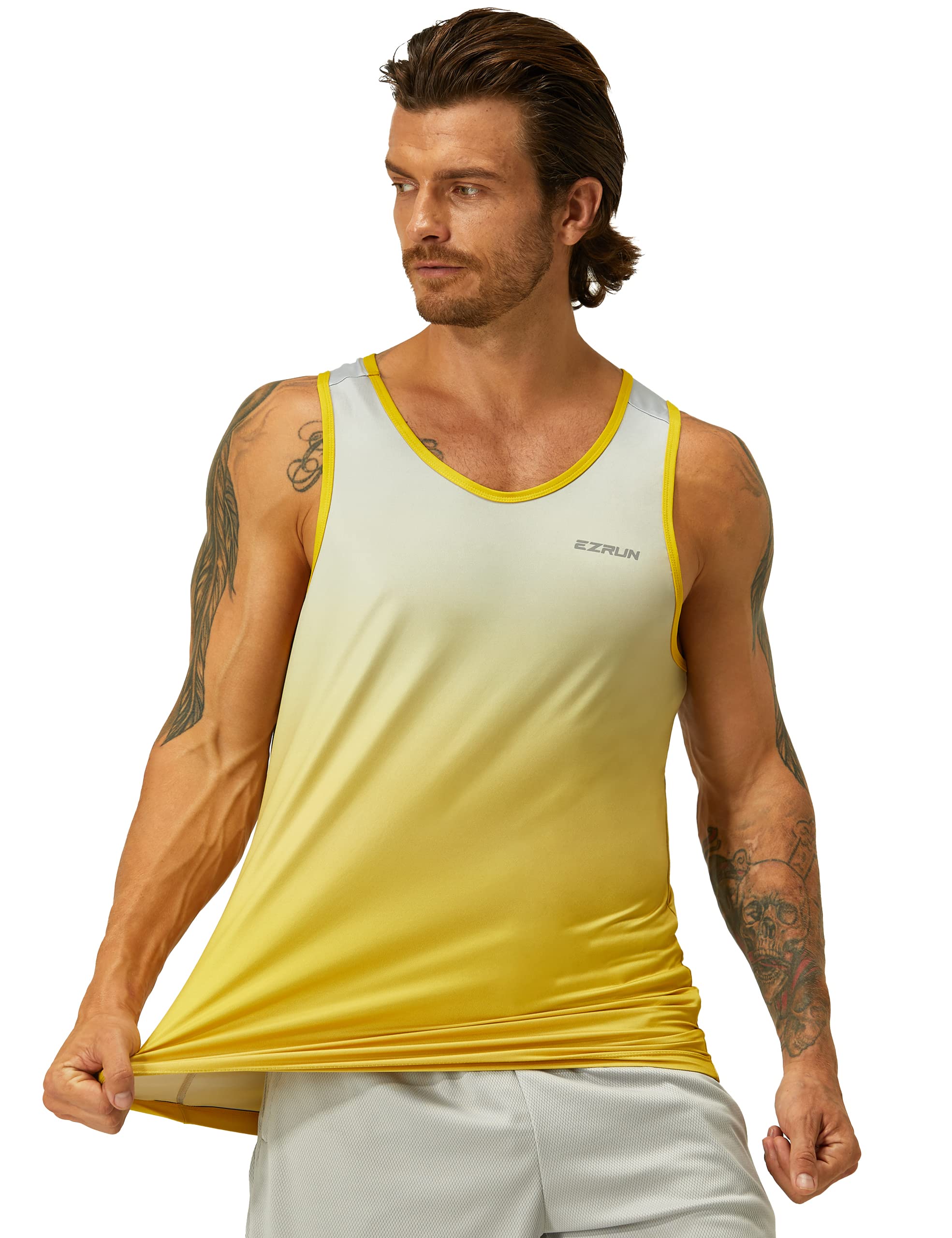 EZRUN Men's Quick Dry Workout Tank Top Swim Beach Shirts for Gym Athletic Running Muscle Sleeveless Shirts(YellowGradient,l)