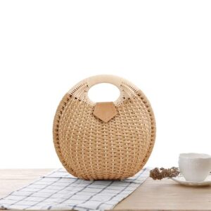 QTKJ Semi-circle Shell Shape Rattan Straw Handbags, Hand-woven Women Summer Retro Straw Round Handle Beach Tote Bag (Khaki)