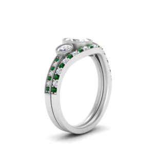 55Carat Three Stone Bezel Set Bridal Ring Set Sterling Silver Created Emerald Oval Shape Green Color Wedding Ring Sets Pave Setting in Size 6 Minimal Surprise Gifts for Ladies