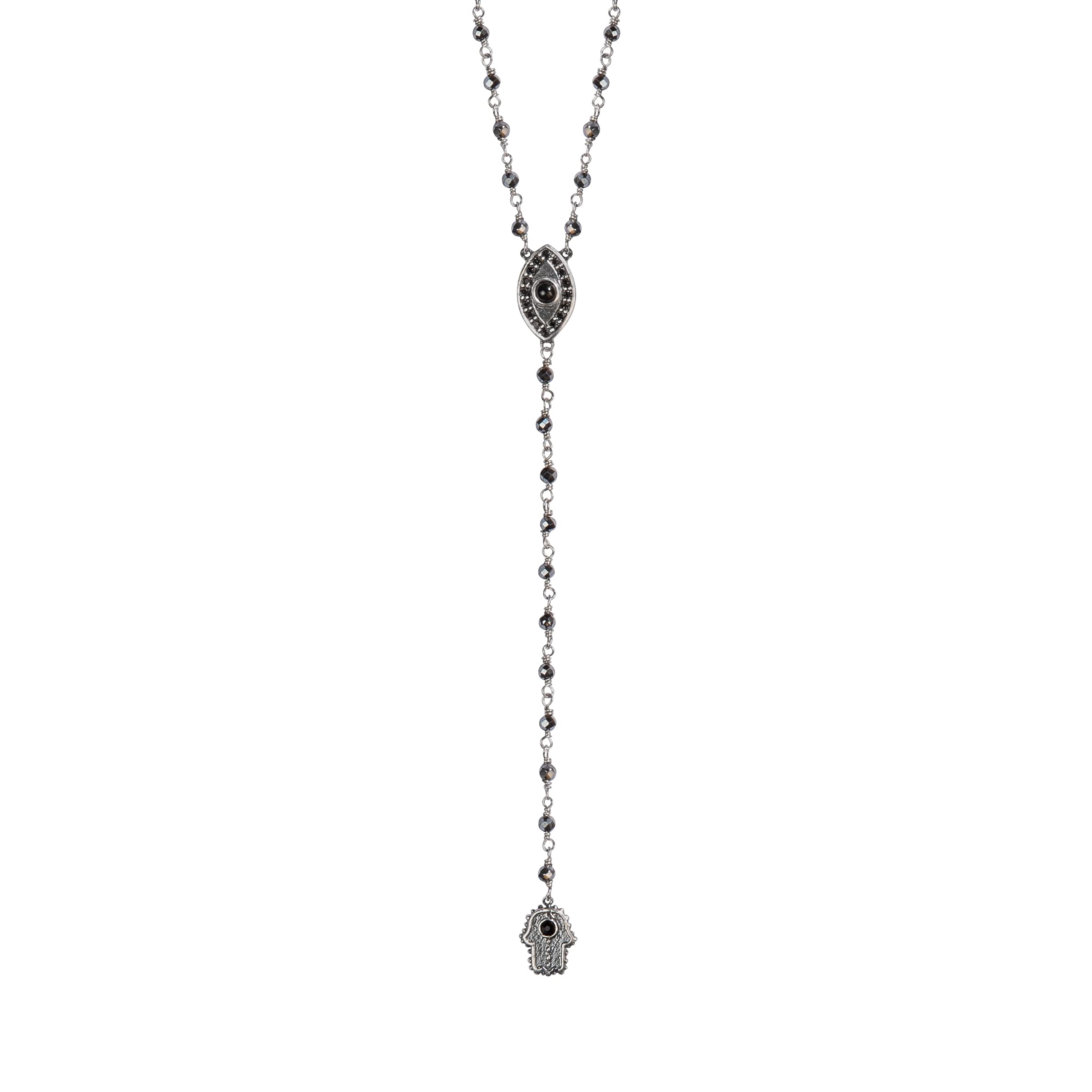 KARMA AND LUCK - Stand in Strength - Women's Real Hematite Stones 925 Sterling Silver Hamsa Evil Eye Lariat Gunmetal Plated 15" Rosary Necklace Handmade with Love in Bali