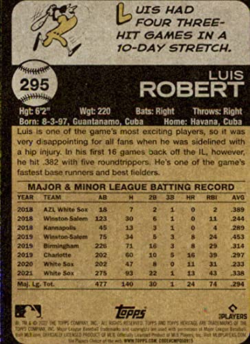 2022 Topps Heritage Baseball #295 Luis Robert Chicago White Sox Official MLB Trading Card (Stock Photo shown, card is straight from pack and Box in Raw, Near Mint or better condition)