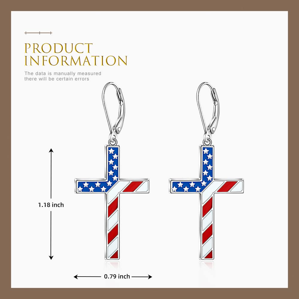 Patriotic 4th of July Earrings for Women Cross Fourth of July American Flag Earrings Dangle Sterling Silver Red White and Blue Veterans USA Independence Day Gifts