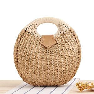 QTKJ Semi-circle Shell Shape Rattan Straw Handbags, Hand-woven Women Summer Retro Straw Round Handle Beach Tote Bag (Khaki)