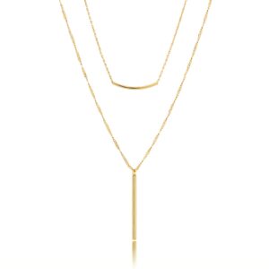 lane woods dainty silver layered necklace women: simple gold plated double stacked bar pendant necklace - elegant trendy minimalist choker gift - cute multilayer chain jewelry for girls teen (gold)