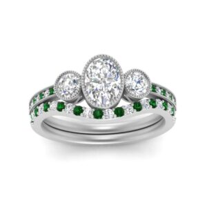 55Carat Three Stone Bezel Set Bridal Ring Set Sterling Silver Created Emerald Oval Shape Green Color Wedding Ring Sets Pave Setting in Size 6 Minimal Surprise Gifts for Ladies