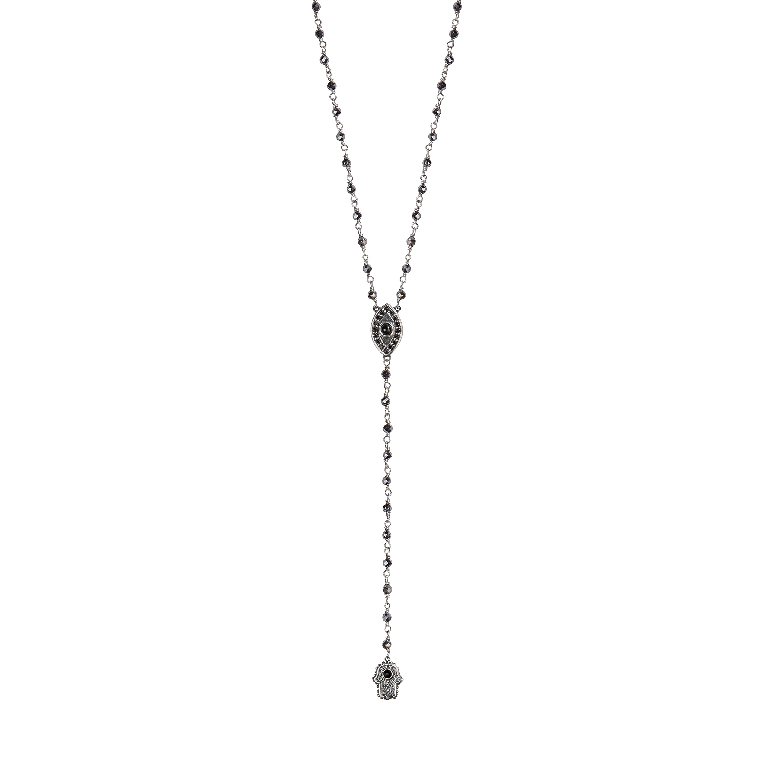 KARMA AND LUCK - Stand in Strength - Women's Real Hematite Stones 925 Sterling Silver Hamsa Evil Eye Lariat Gunmetal Plated 15" Rosary Necklace Handmade with Love in Bali