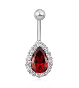 lenacou drop of water silver belly button rings 14g surgical stainless steel navel barbell stud cubic zirconia body piercing (red)