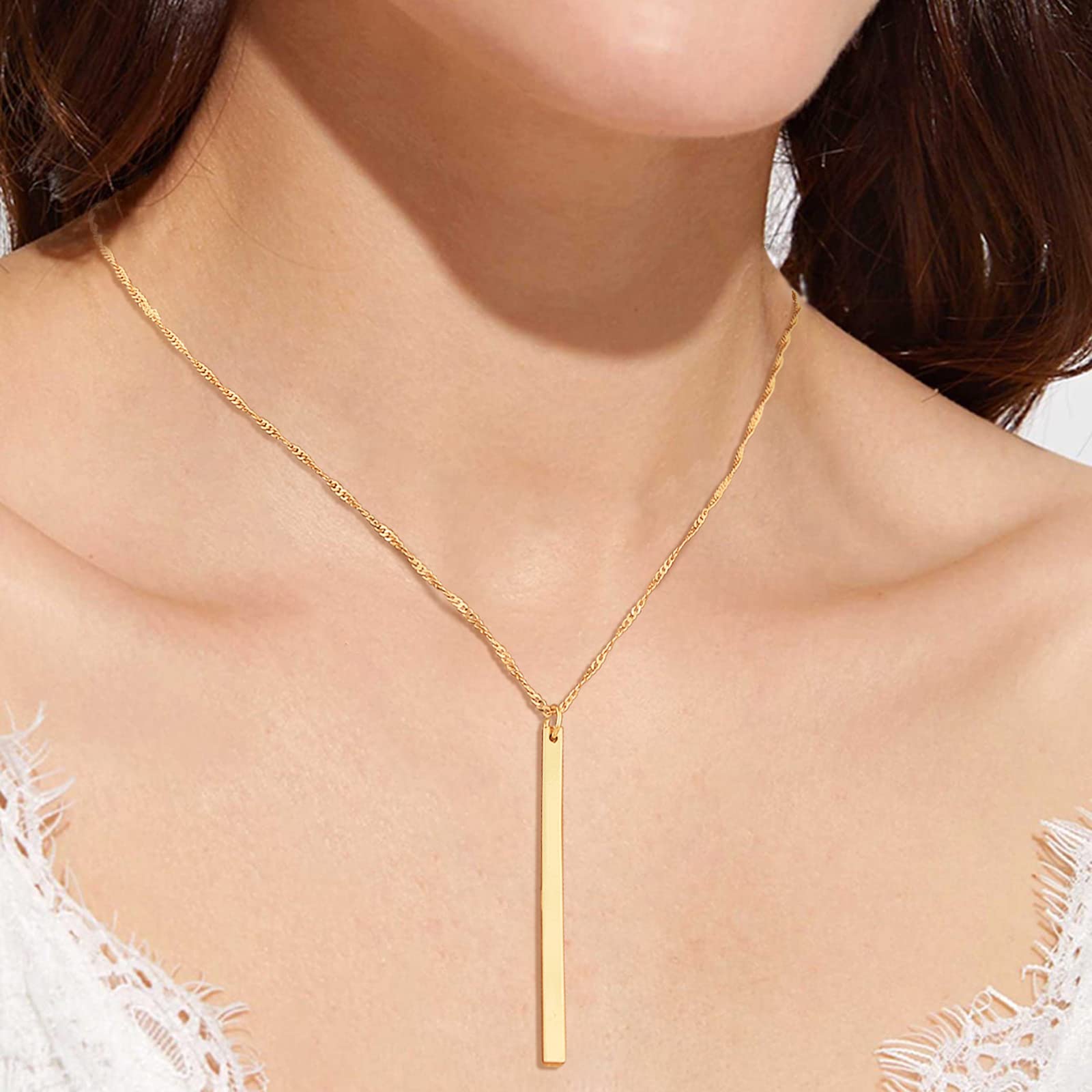 LANE WOODS Dainty Silver Layered Necklace Women: Simple Gold Plated Double Stacked Bar Pendant Necklace - Elegant Trendy Minimalist Choker Gift - Cute Multilayer Chain Jewelry for Girls Teen (Gold)