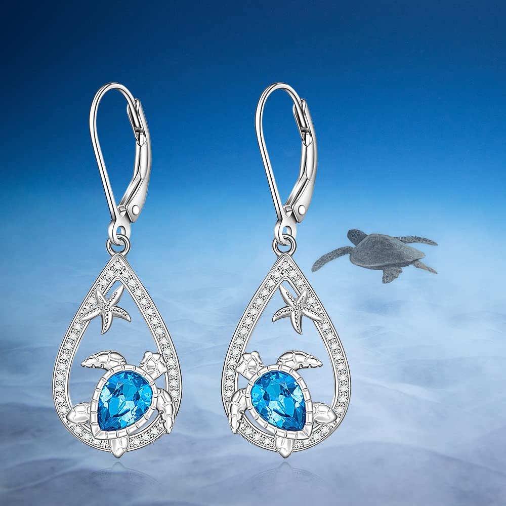 Sea Turtle Earrings for Women Sapphire Jewelry Animal Lover Gifts S925 Sterling Silver Ocean Zirconia Starfish Hoops Blue Dangle Earrings for Friends Sister Mom