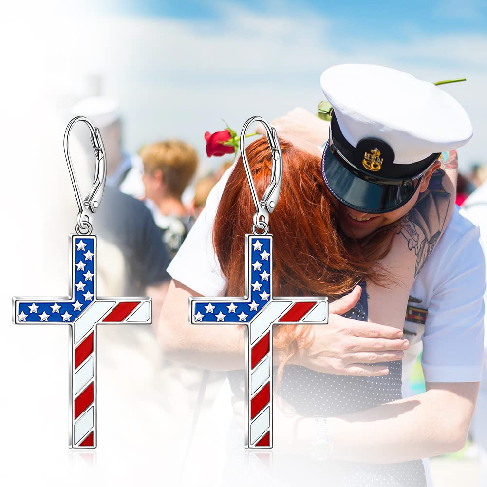 Patriotic 4th of July Earrings for Women Cross Fourth of July American Flag Earrings Dangle Sterling Silver Red White and Blue Veterans USA Independence Day Gifts