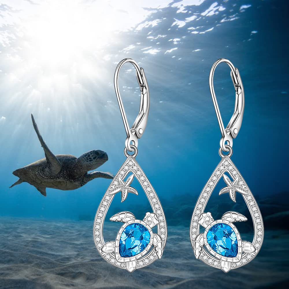 Sea Turtle Earrings for Women Sapphire Jewelry Animal Lover Gifts S925 Sterling Silver Ocean Zirconia Starfish Hoops Blue Dangle Earrings for Friends Sister Mom