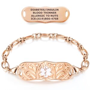 divoti rose gold signature custom engraved medical alert id bracelet for woman, elegance tag/white - 7.0"