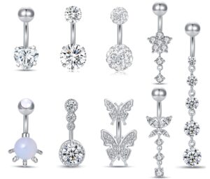 ofeiyaa 9pcs 14g dangle belly button rings skull butterfly heart cz navel rings barbell body piercing jewelry for women