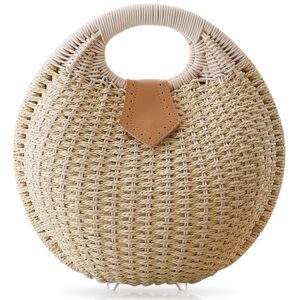 qtkj semi-circle shell shape rattan straw handbags, hand-woven women summer retro straw round handle beach tote bag (khaki)