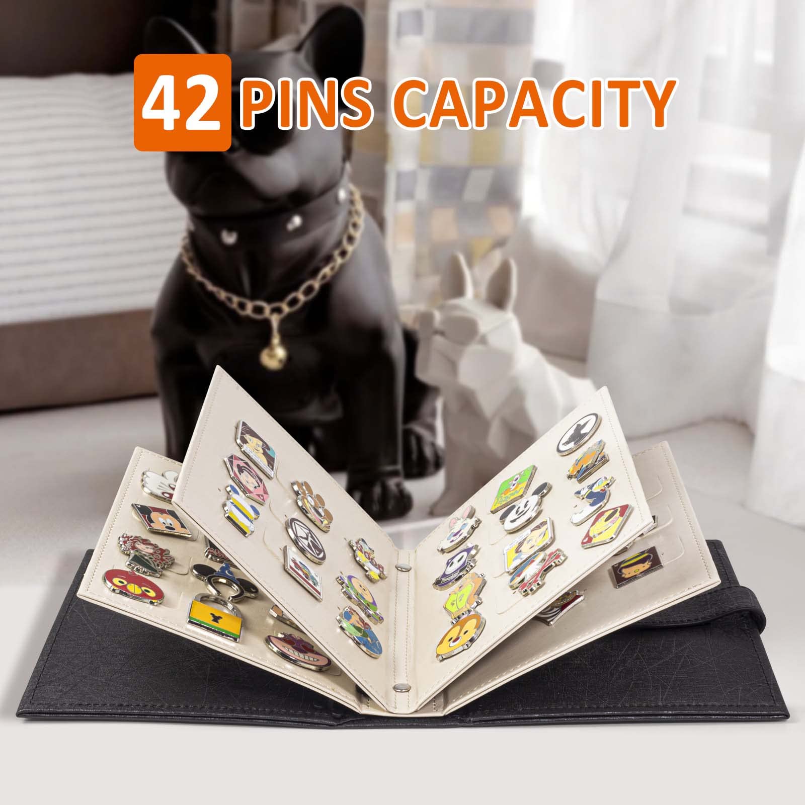 Enamel Pin Display Book, Portable Pin Trading Book, to Display and Trade Your Disney Pins, 42 Pin- Capacity, Leather Pin Holder, Fits Rubber Pin Back, Black