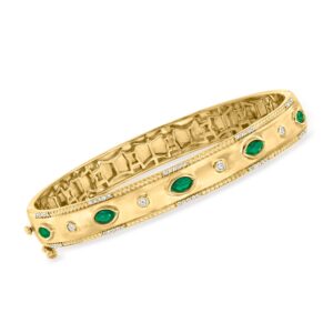 ross-simons 0.80 ct. t.w. emerald and .26 ct. t.w. diamond bangle bracelet in 18kt gold over sterling. 7 inches