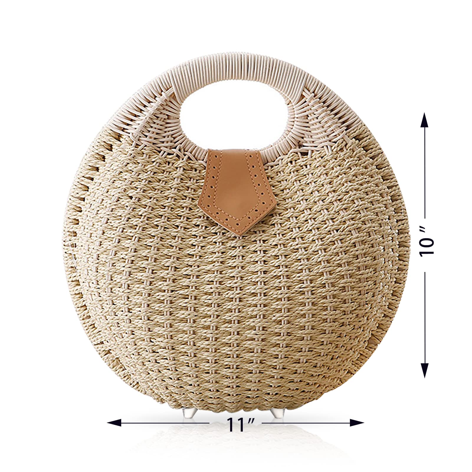 QTKJ Semi-circle Shell Shape Rattan Straw Handbags, Hand-woven Women Summer Retro Straw Round Handle Beach Tote Bag (Khaki)