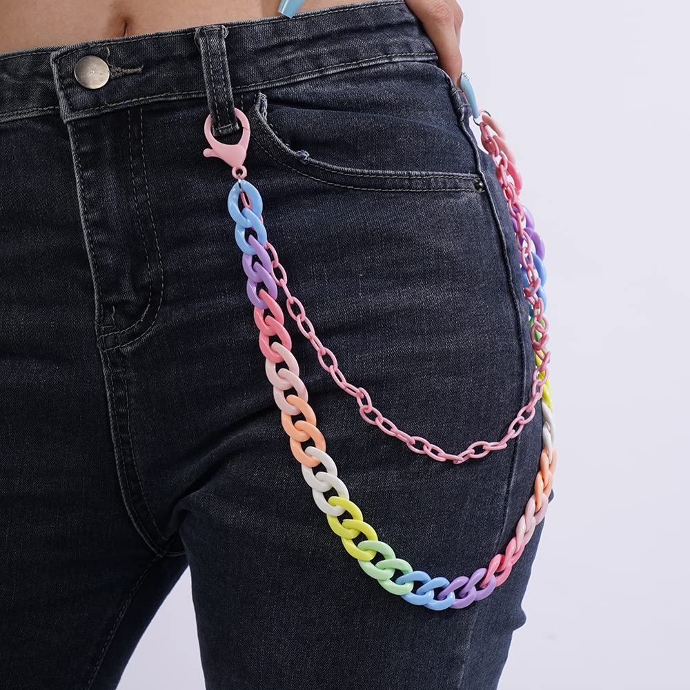 Wiwpar Colorful Acrylic Jean Chains Wallet Pocket Chains Rainbow Jean Pants Chain Keychain Body Chain for Women and Girls (Pink)