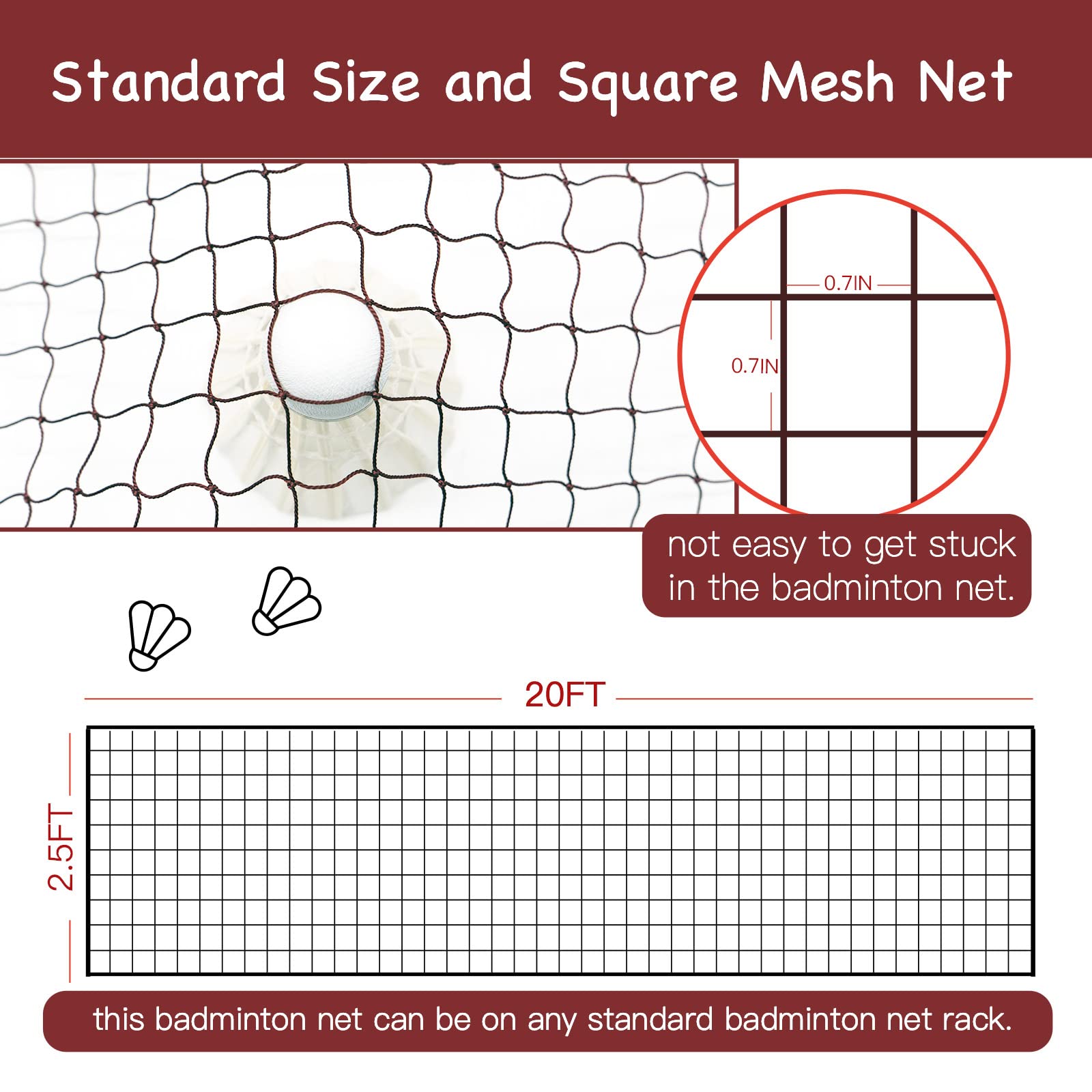 Sanung Badminton Net, Standard Size All-weather Volleyball Badminton Net Replacement for Indoor Outdoor Use, Portable Badminton Mesh Net with Storage Bag