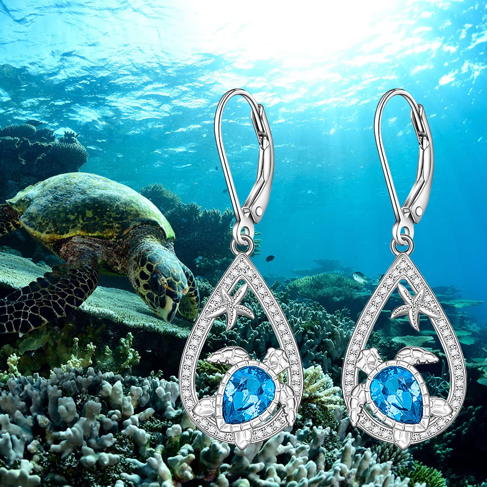 Sea Turtle Earrings for Women Sapphire Jewelry Animal Lover Gifts S925 Sterling Silver Ocean Zirconia Starfish Hoops Blue Dangle Earrings for Friends Sister Mom