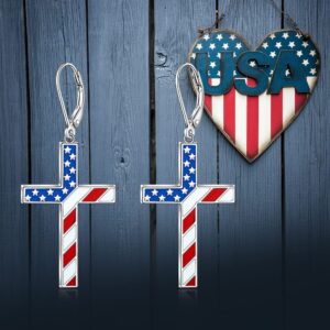 Patriotic 4th of July Earrings for Women Cross Fourth of July American Flag Earrings Dangle Sterling Silver Red White and Blue Veterans USA Independence Day Gifts