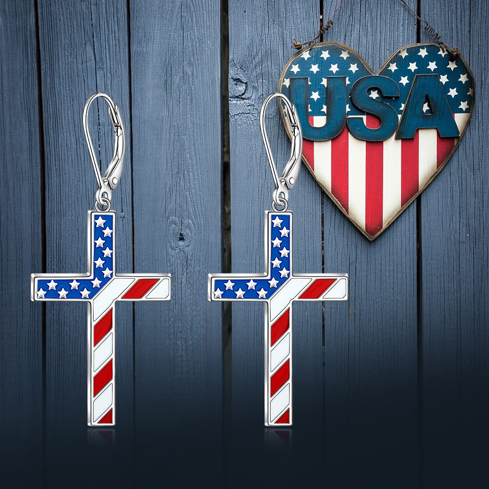 Patriotic 4th of July Earrings for Women Cross Fourth of July American Flag Earrings Dangle Sterling Silver Red White and Blue Veterans USA Independence Day Gifts