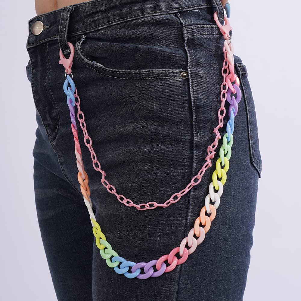 Wiwpar Colorful Acrylic Jean Chains Wallet Pocket Chains Rainbow Jean Pants Chain Keychain Body Chain for Women and Girls (Pink)